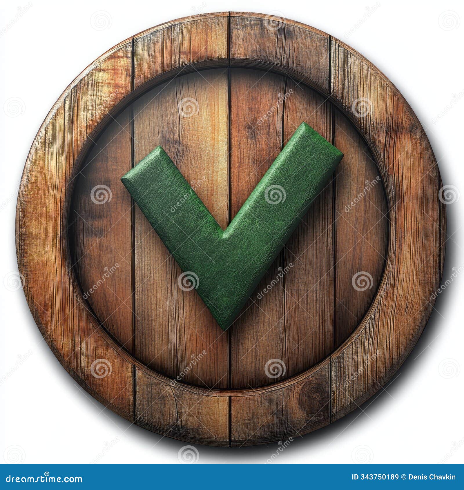 A Circular Wooden Emblem with a Green Check Mark Symbol Stock Image ...