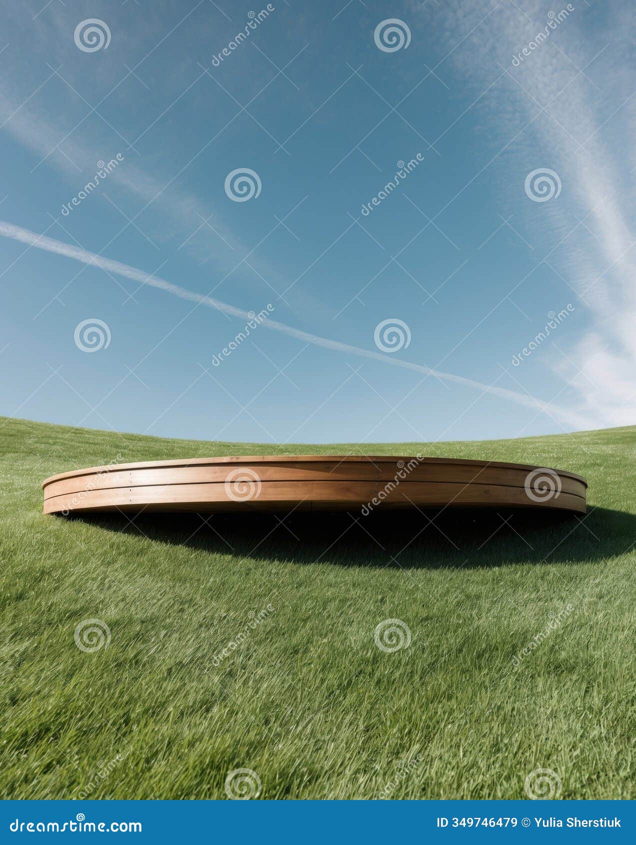 Circular Wooden Platform on Green Grass Under a Clear Blue Sky Stock ...