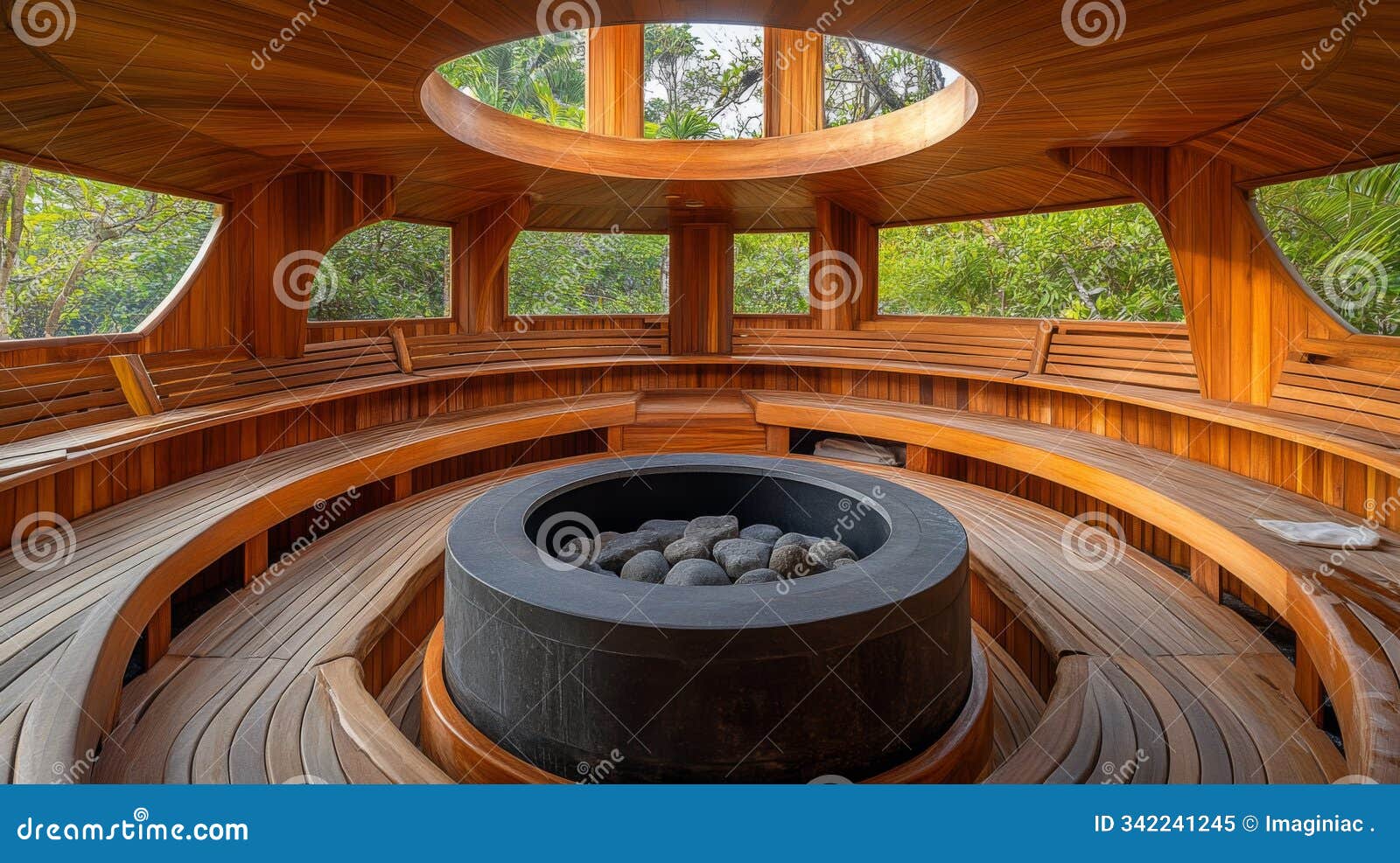 Circular Wooden Structure with Fire Pit and Skylight Stock Illustration ...