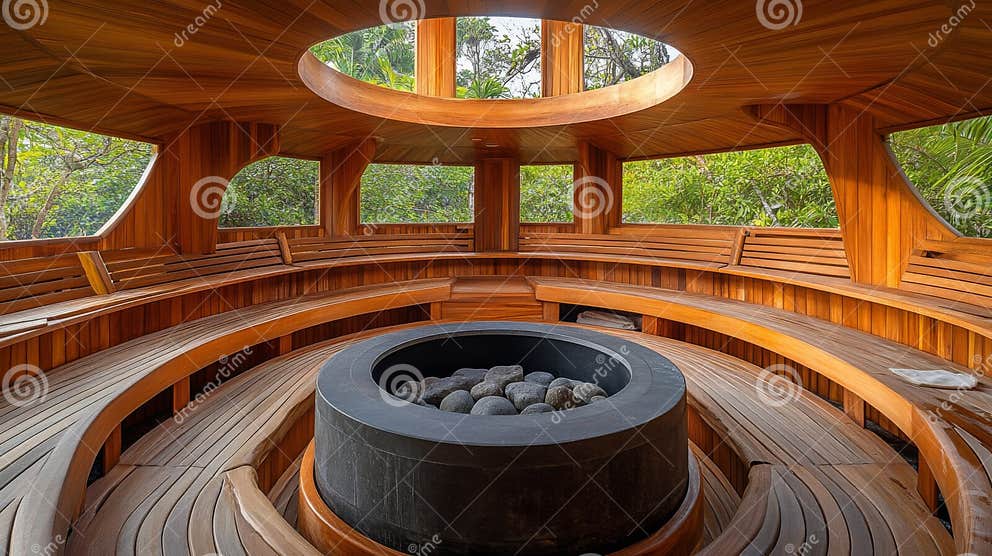 Circular Wooden Structure with Fire Pit and Skylight Stock Illustration ...