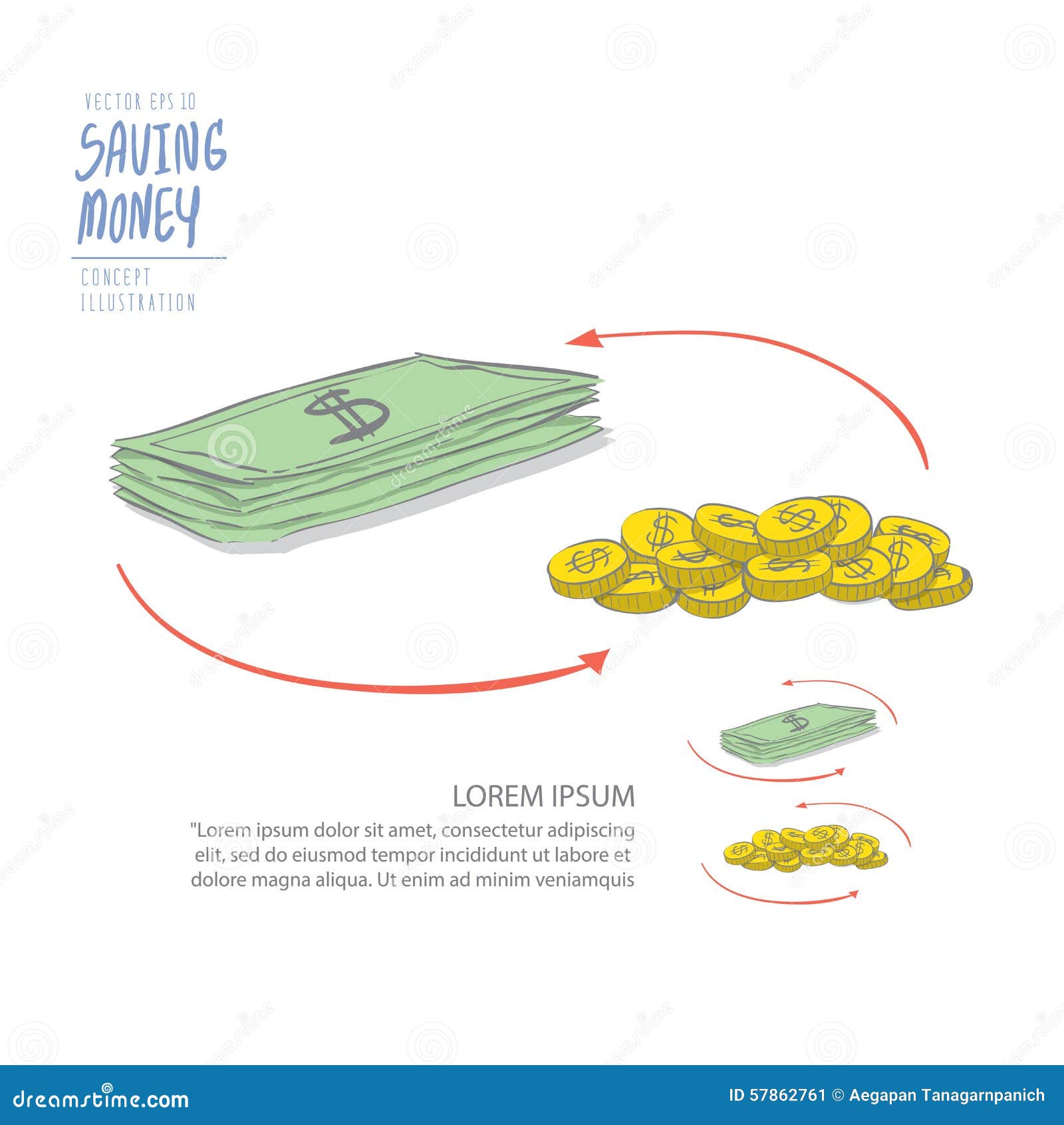 Circulating Money Of Coins And Dollar. Drawing Paint Flat Vector ...