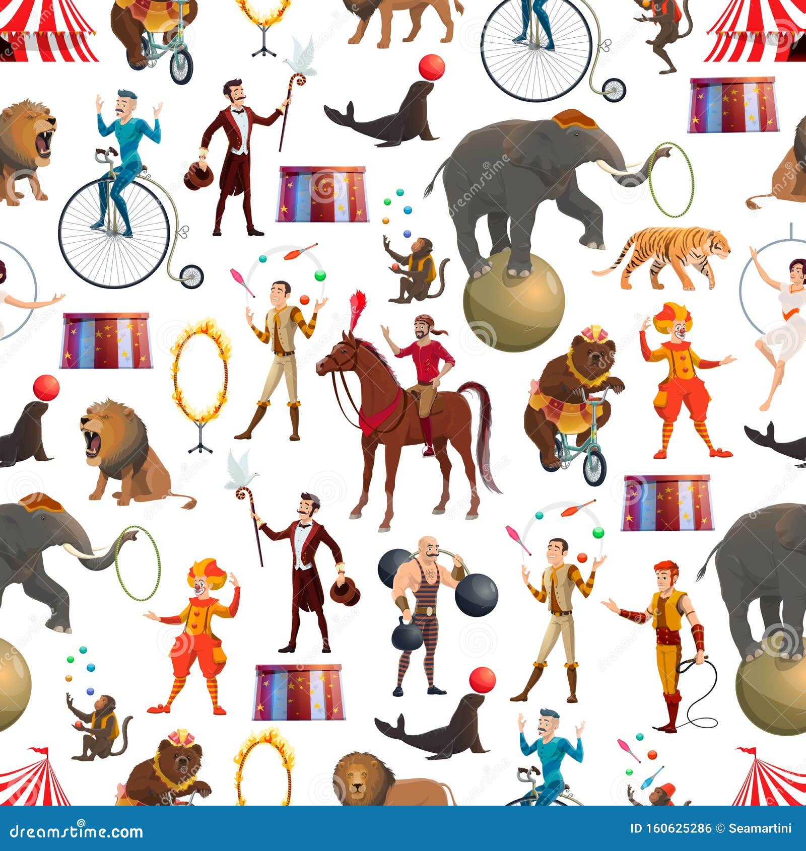 Circus Animals and Equilibrists Seamless Pattern Stock Vector - Illustration of hoop, focus ...