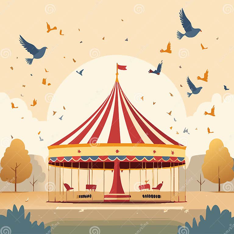 Circus Background with a Carousel and Flying Birds. Vector Illustration ...