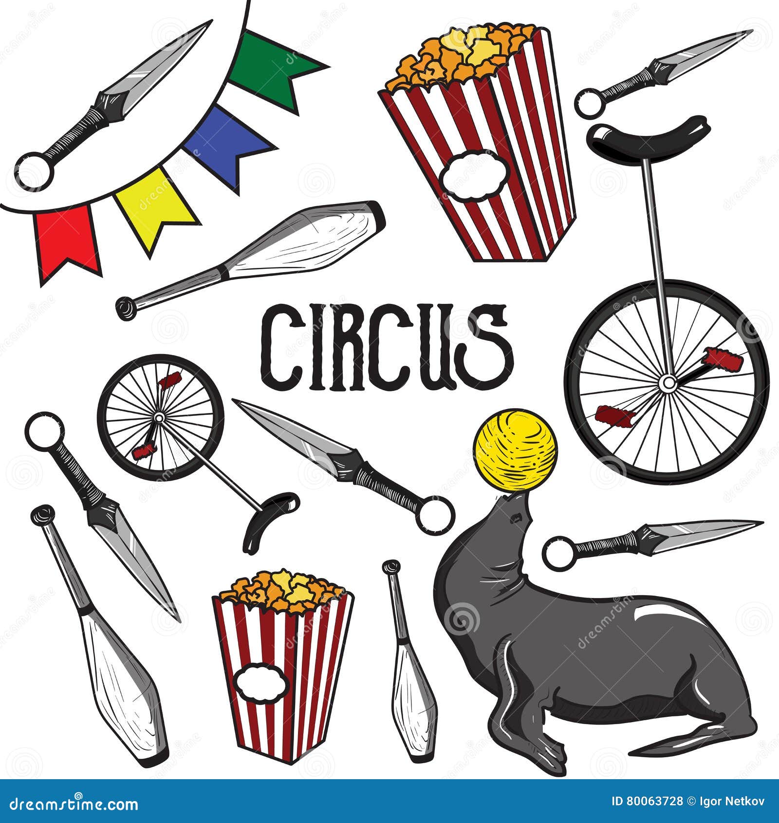 Circus. Collection of Hand Drawn Icons Stock Vector - Illustration of ...