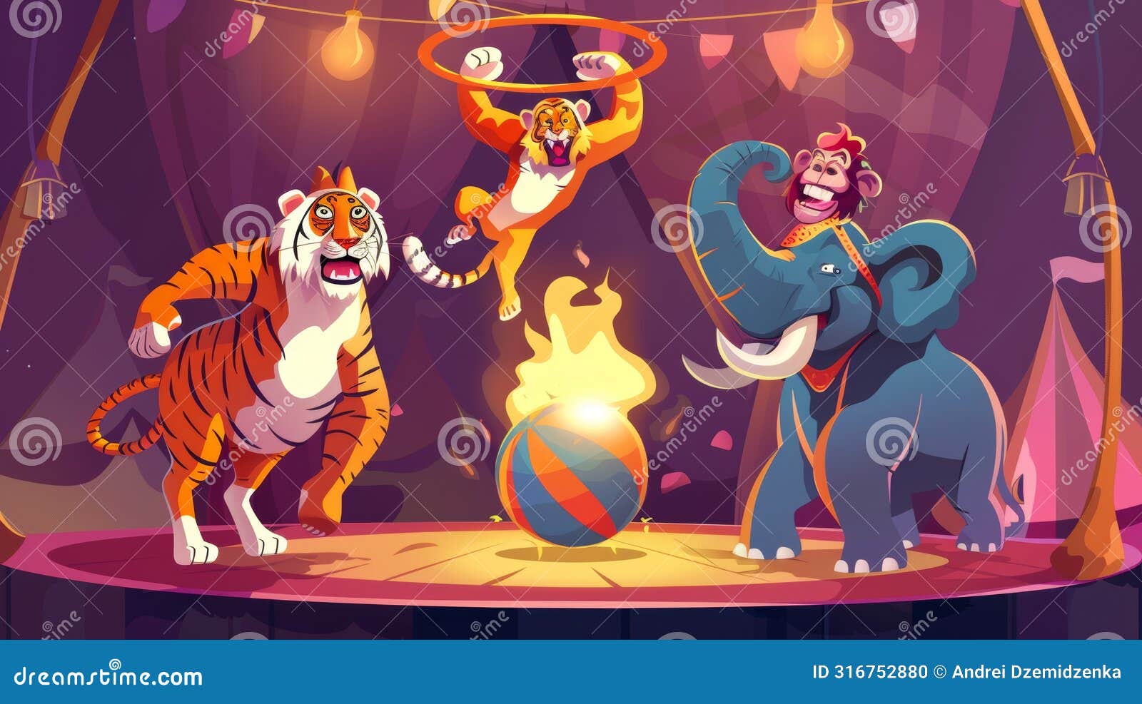 A Circus Invitation Flyer with Tiger Jumping through Fire Ring, Monkey ...