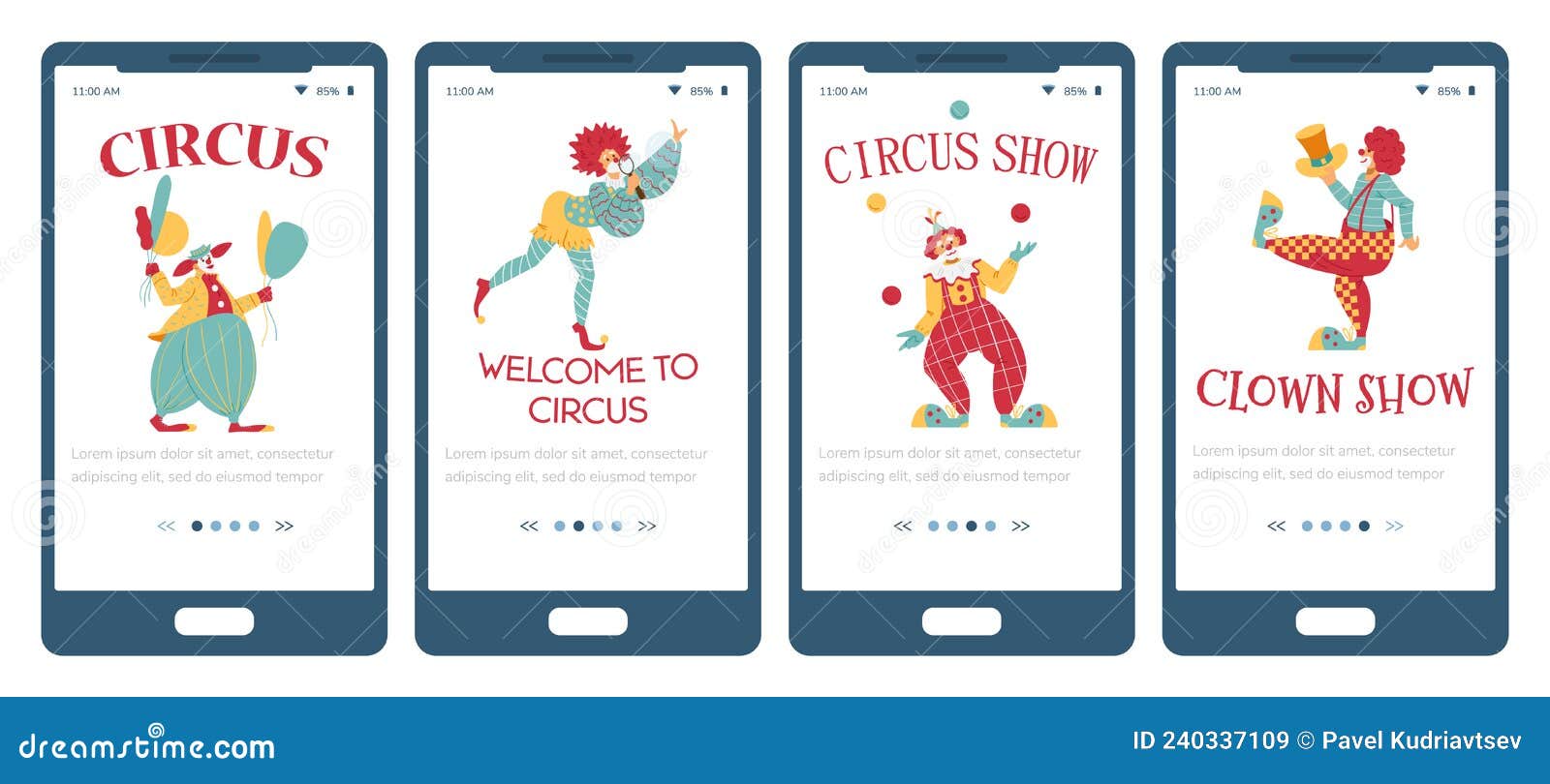 Circus Performance and Clown Show Advertisement on Onboarding Screens ...