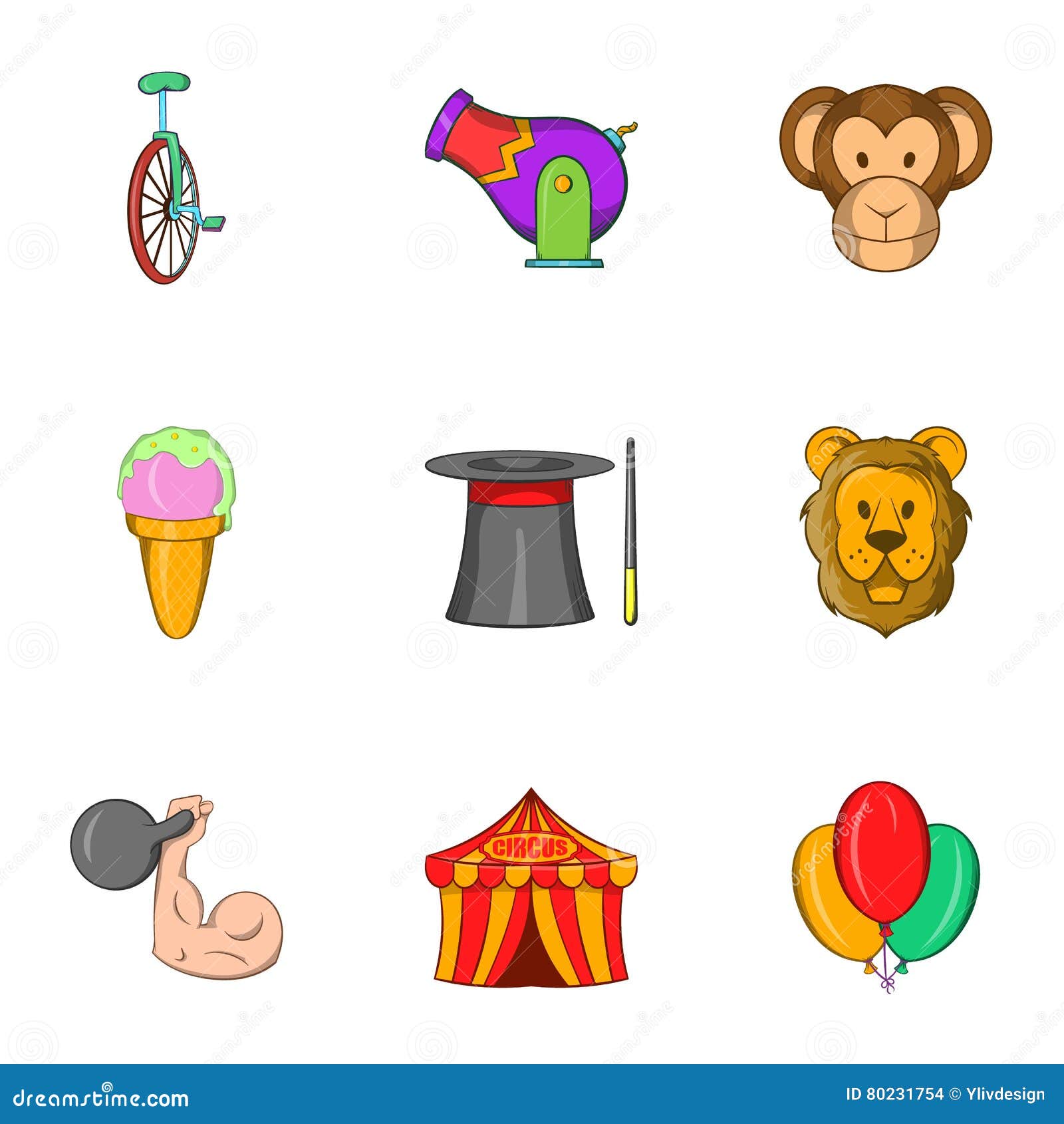 Circus Performance Icons Set, Cartoon Style Stock Vector - Illustration ...