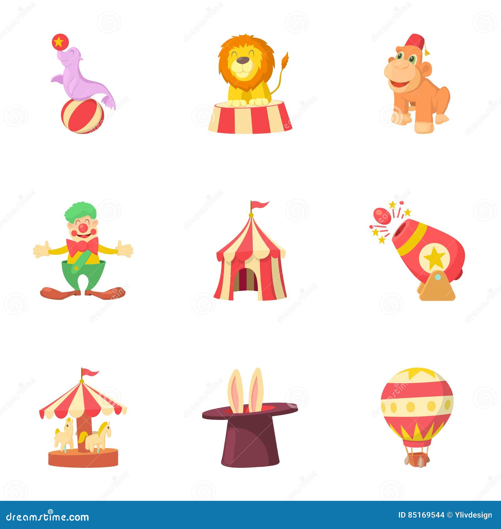 Circus Performance Icons Set, Cartoon Style Stock Vector - Illustration of abracadabra, holiday ...