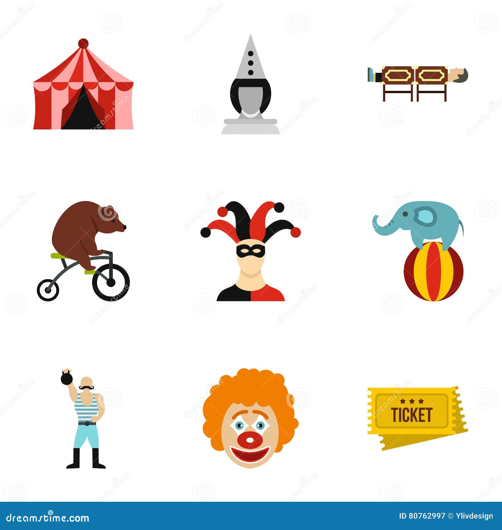 Circus Performance Icons Set, Flat Style Stock Vector - Illustration of fiction, elephant: 80762997