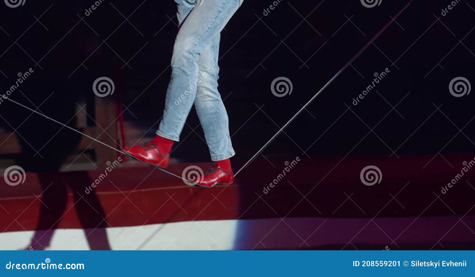 Professional Circus Performer is Walking on a Tightrope, Balancing ...