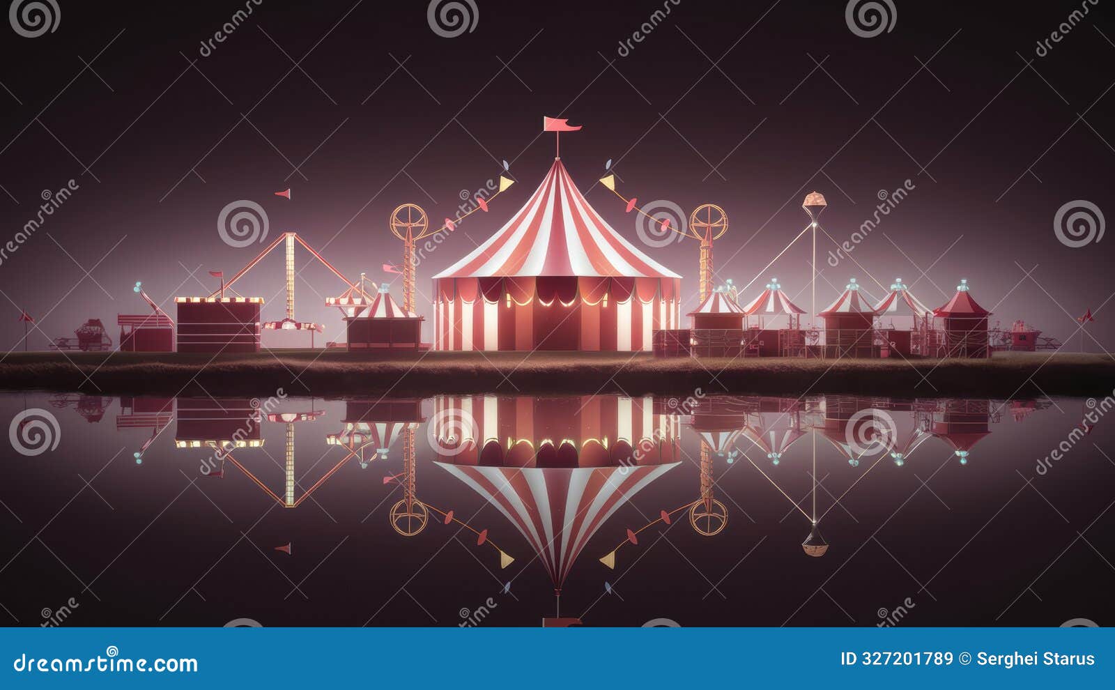 A Circus Tent with Lights and Flags on a Lake, AI Stock Image - Image ...