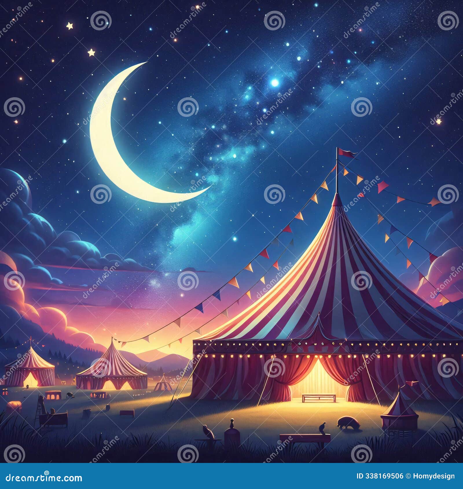 Circus Tents Under a Starry Night Sky with a Crescent Moon and a ...