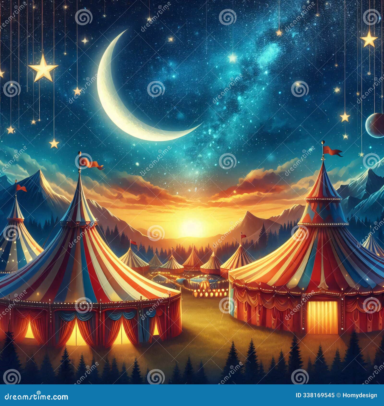 Circus Tents Under a Starry Night Sky with a Crescent Moon and a ...