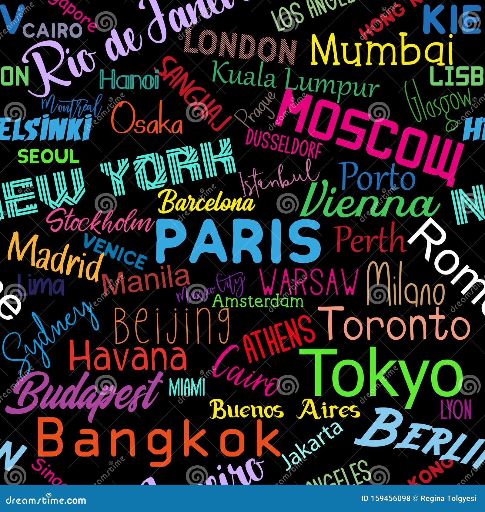 Cities of the World- Colorful Text Seamless Pattern Texture Stock ...