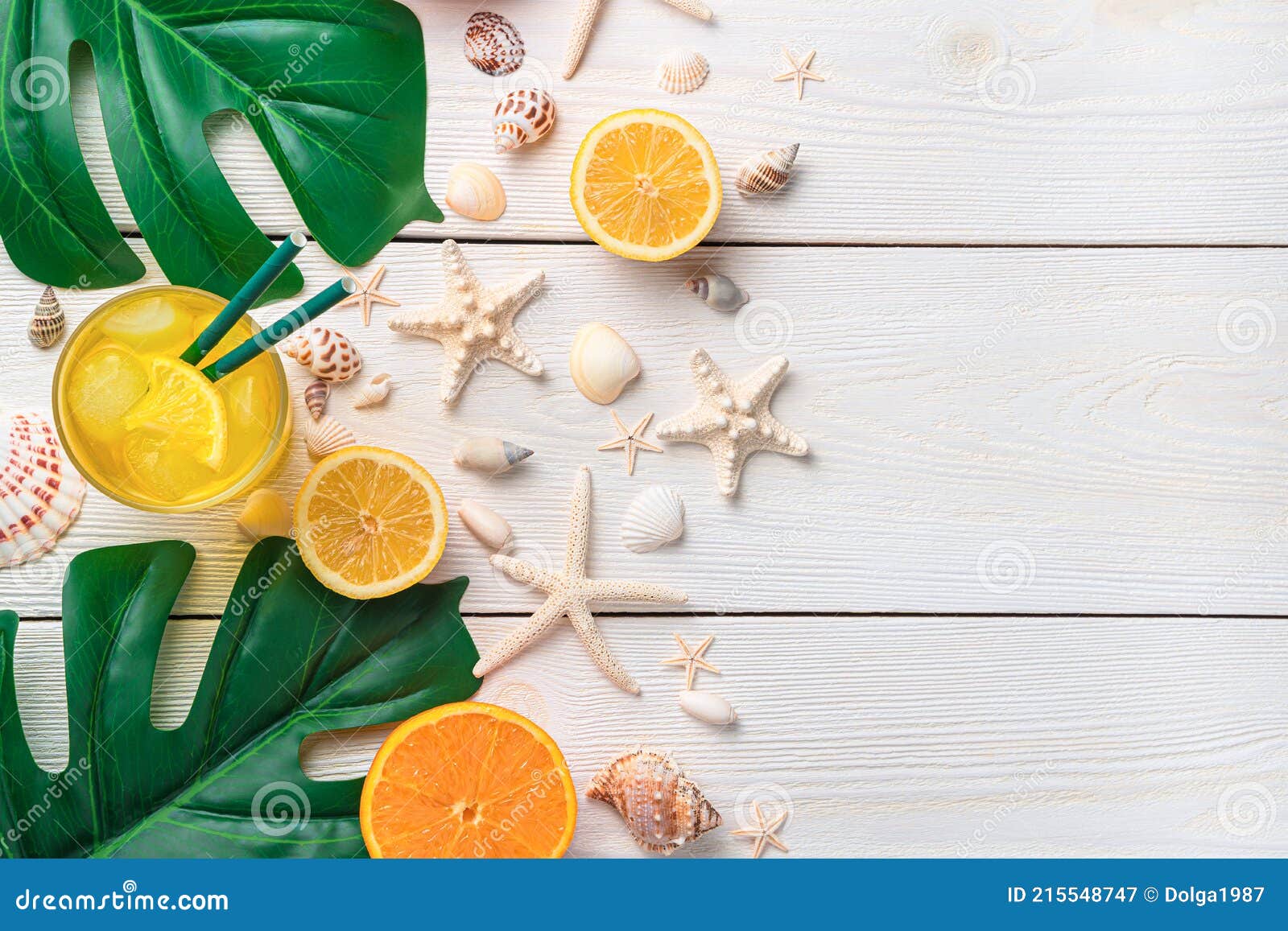 Citrus Cooling Drink on the Background of Shells and Tropical Leaves ...