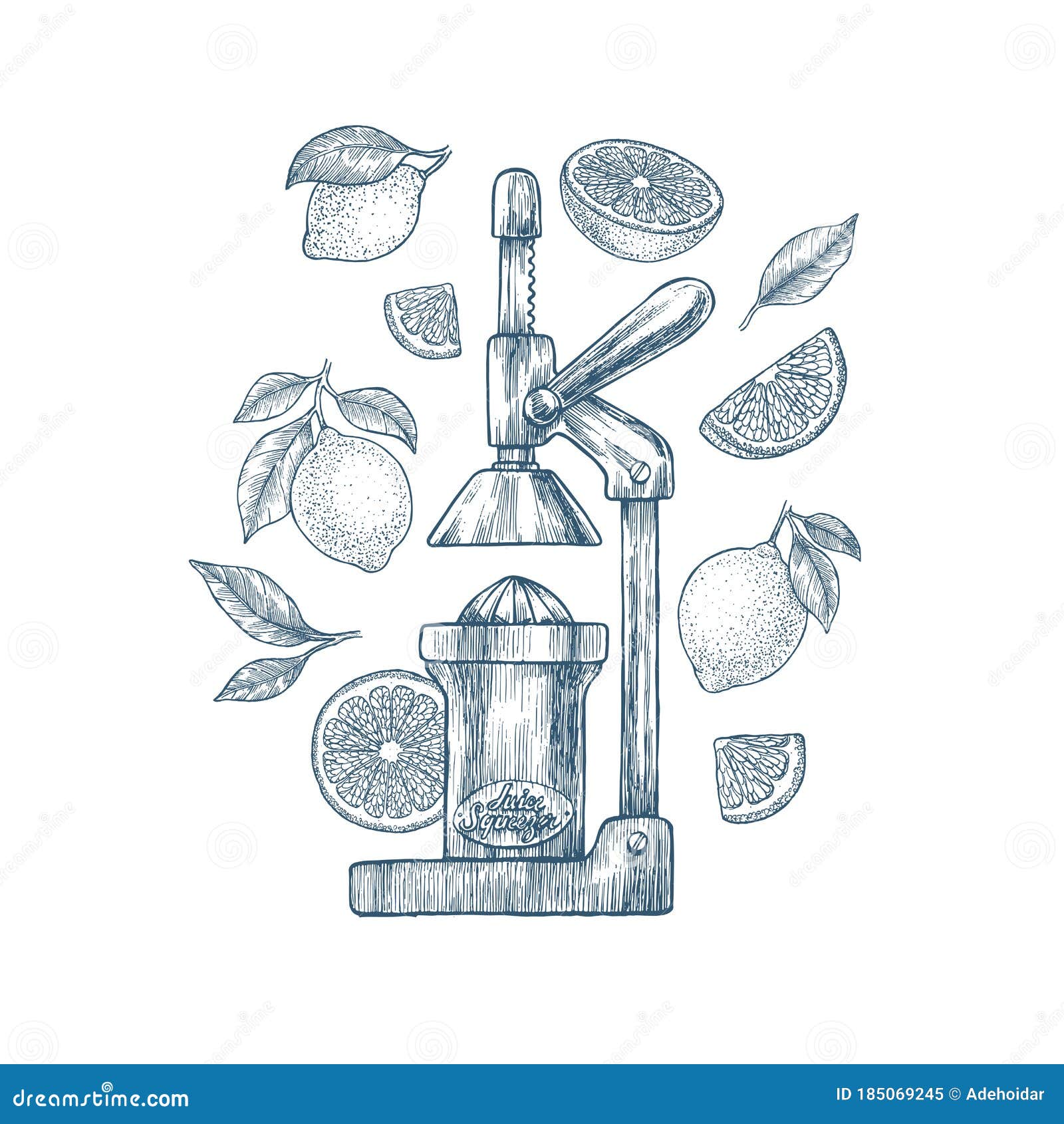 Citrus Juice Squeezer and Lemons. Engraved Vintage Style Illustration ...
