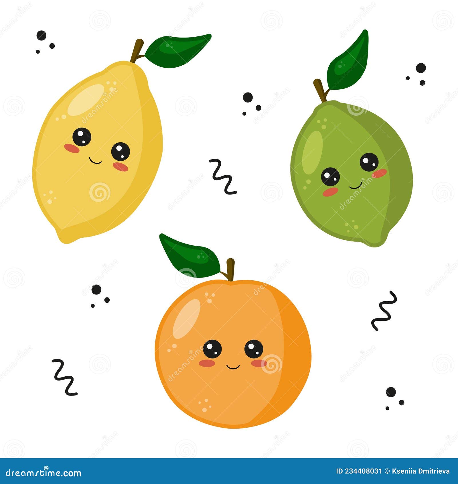 Kawaii Citruses. Cute Cartoon Fruits with Funny Kawaii Faces. Lemon ...