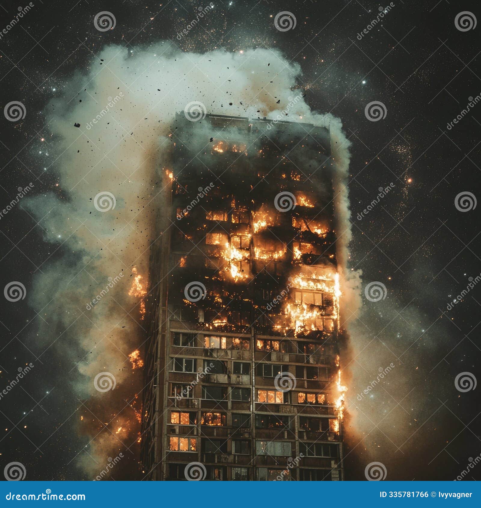 A City Apartment Building on Fire, Flames Bursting through the Windows ...