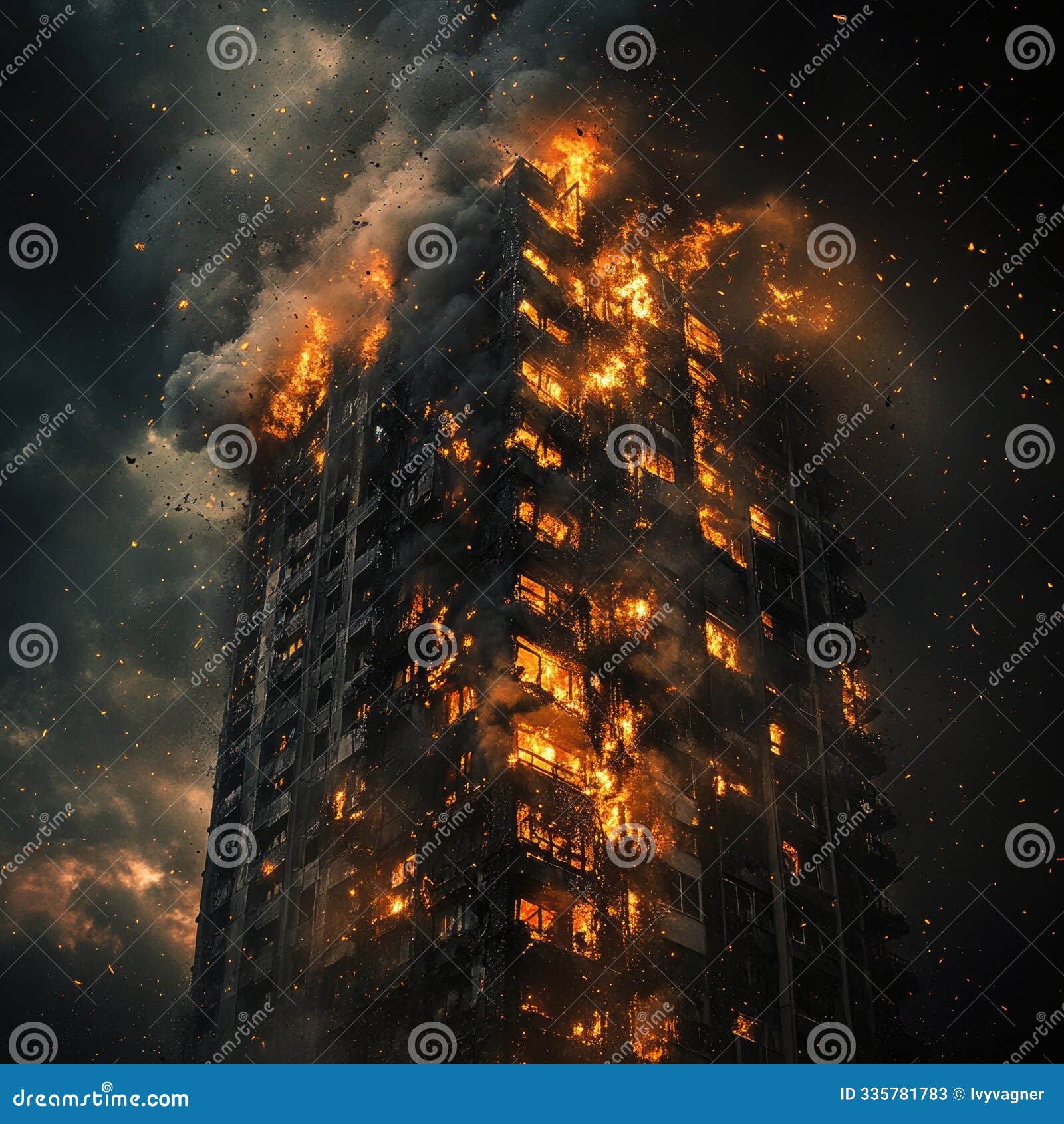 A City Apartment Building on Fire, Flames Bursting through the Windows ...