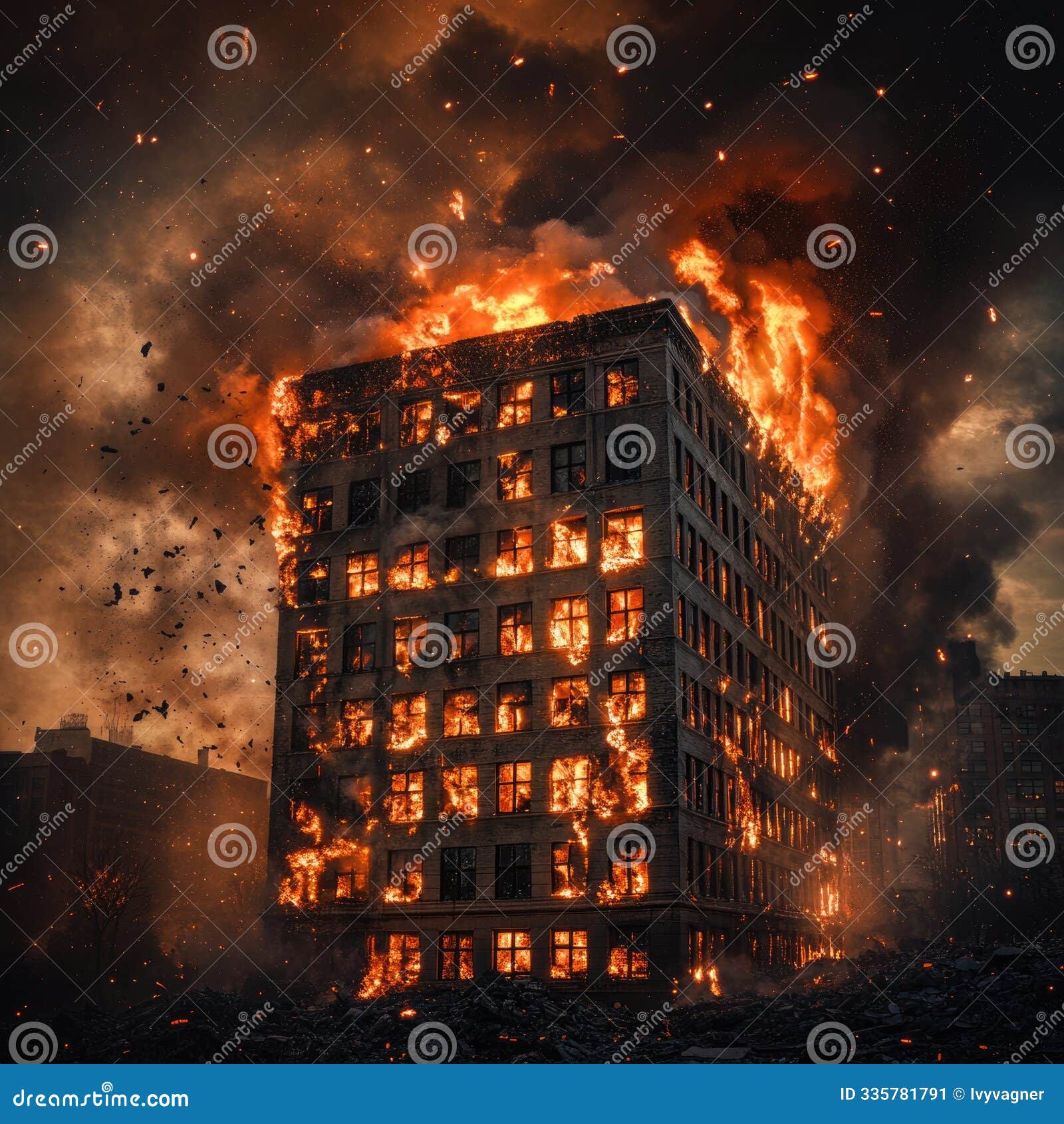 A City Apartment Building on Fire, Flames Bursting through the Windows ...