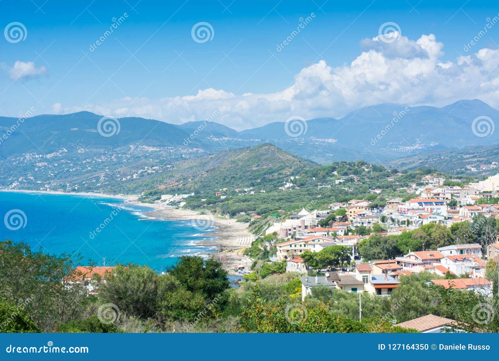 The City of Ascea, in Italy, on Cloudy Sky Background in Summer Stock ...