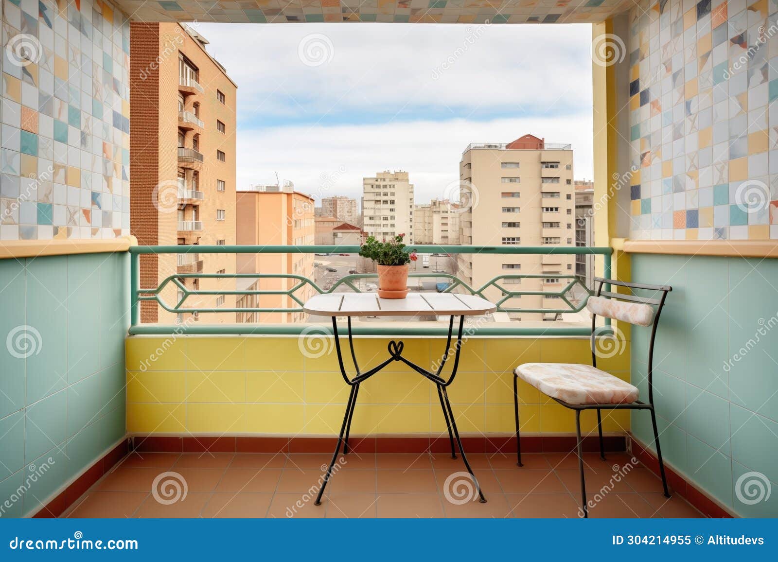 City Balcony with Irregular Railing Pattern and a Small Table Stock ...
