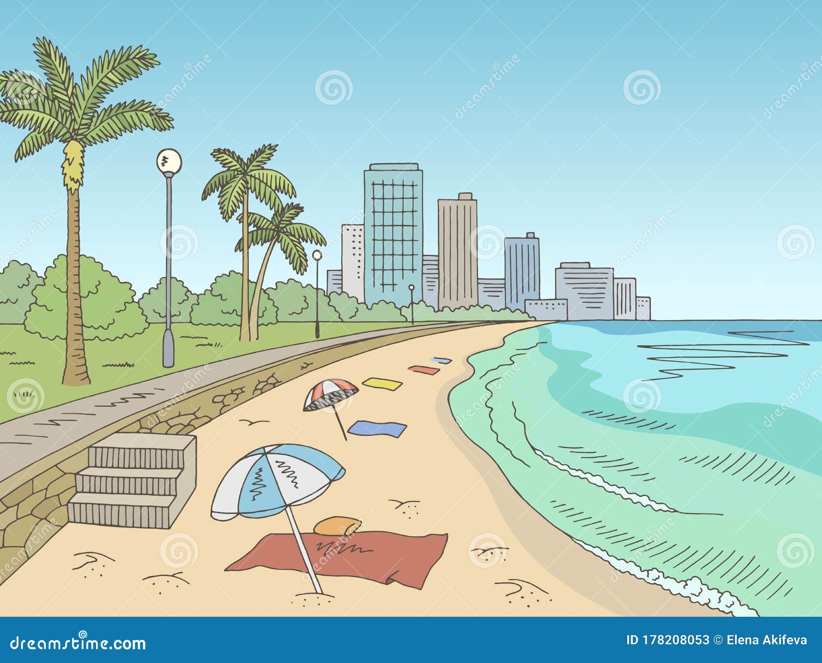 City Beach Graphic Color City Landscape Sketch Illustration Vector ...