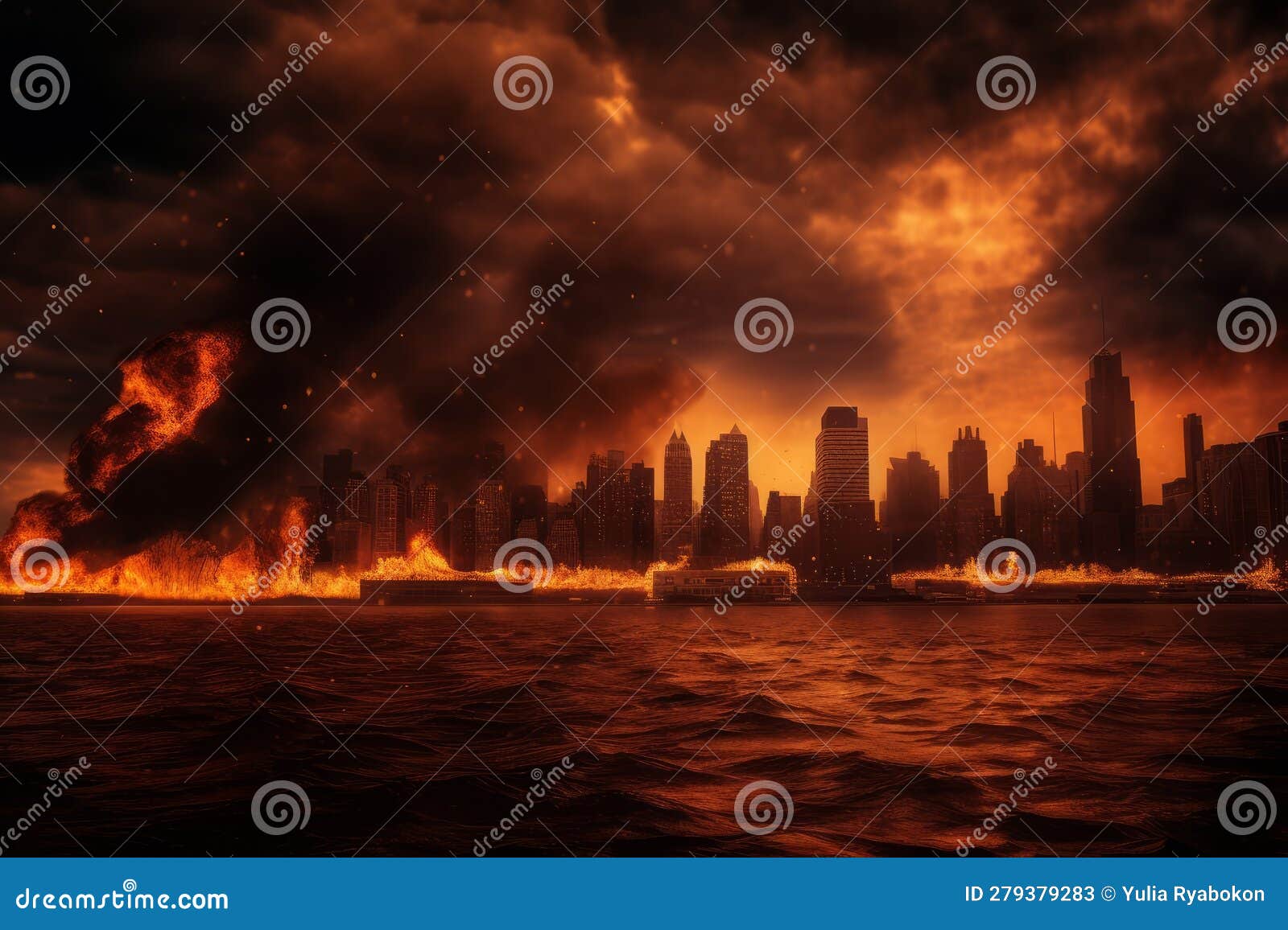 City Explosion Concept Illustration. Blinding Flash In The Sky Over Big ...