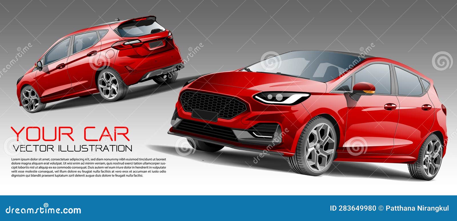 City Car 5 Doors Red Metallic Front and Back 3D Design Modern Vector ...