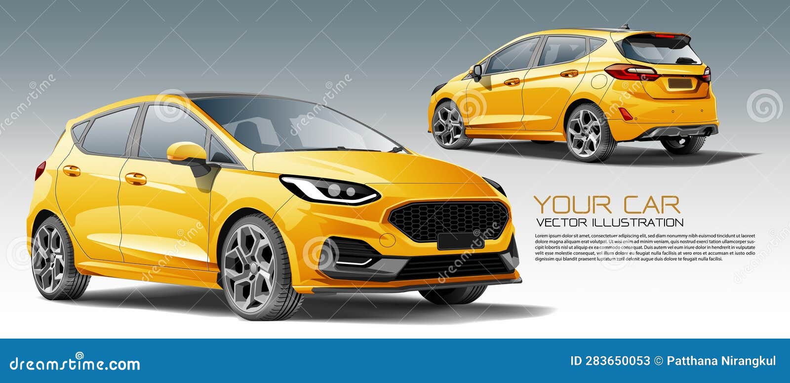 City Car 5 Doors Yellow Metallic Front and Back 3D Design Modern Vector ...