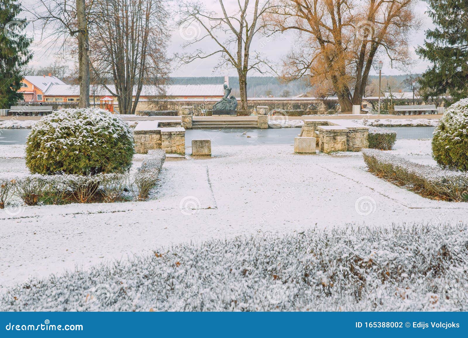 City Cesis, Latvia. in Winter, the City Park with Greenery and Snow ...
