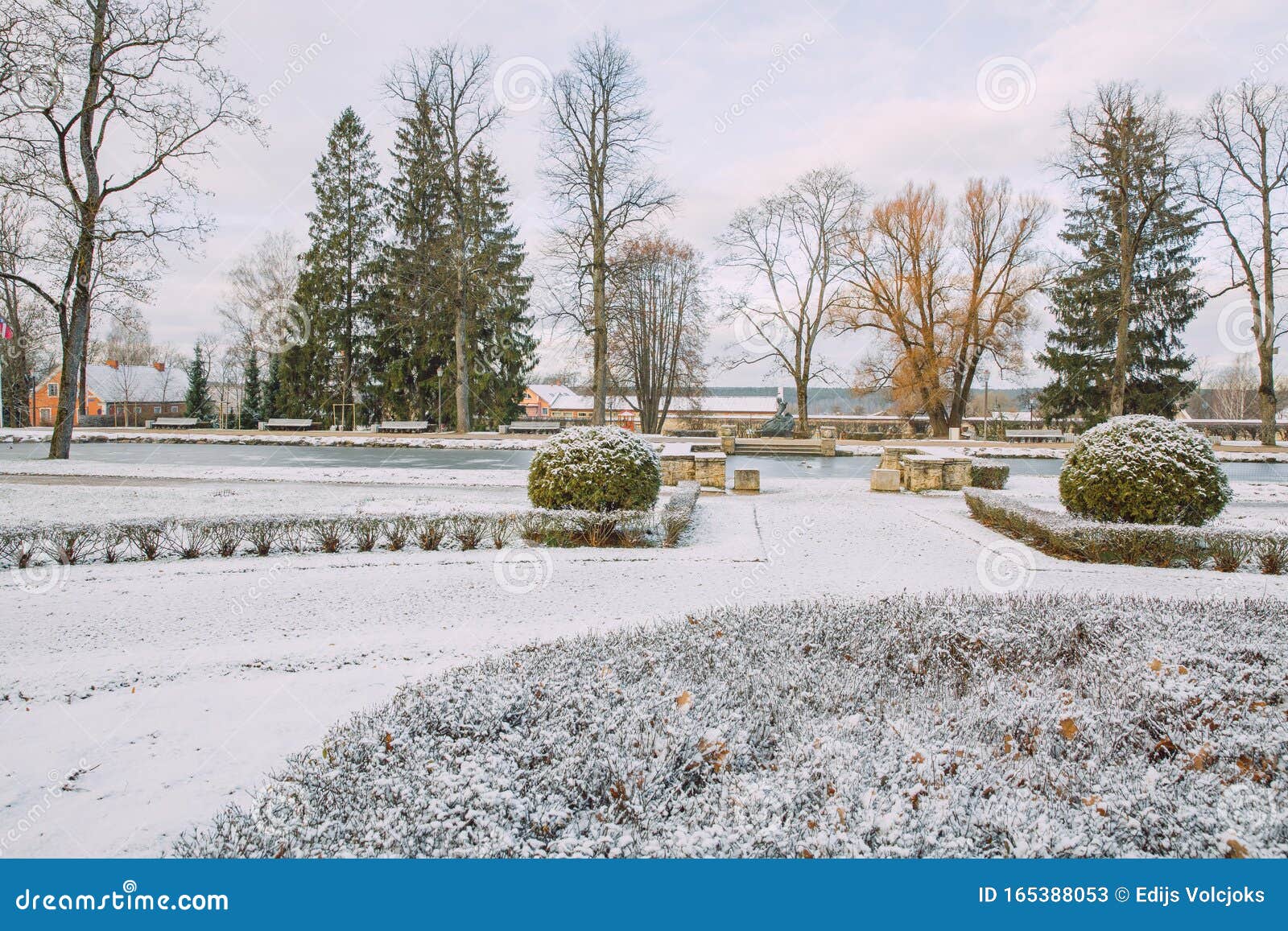 City Cesis, Latvia. in Winter, the City Park with Greenery and Snow ...