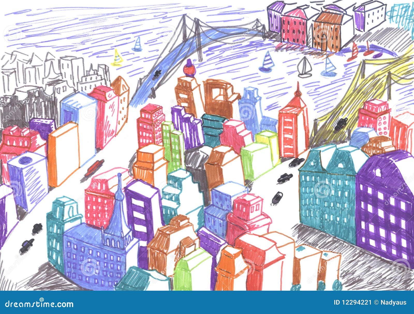 City Colored Drawing, Concept Stock Illustration - Image: 12294221