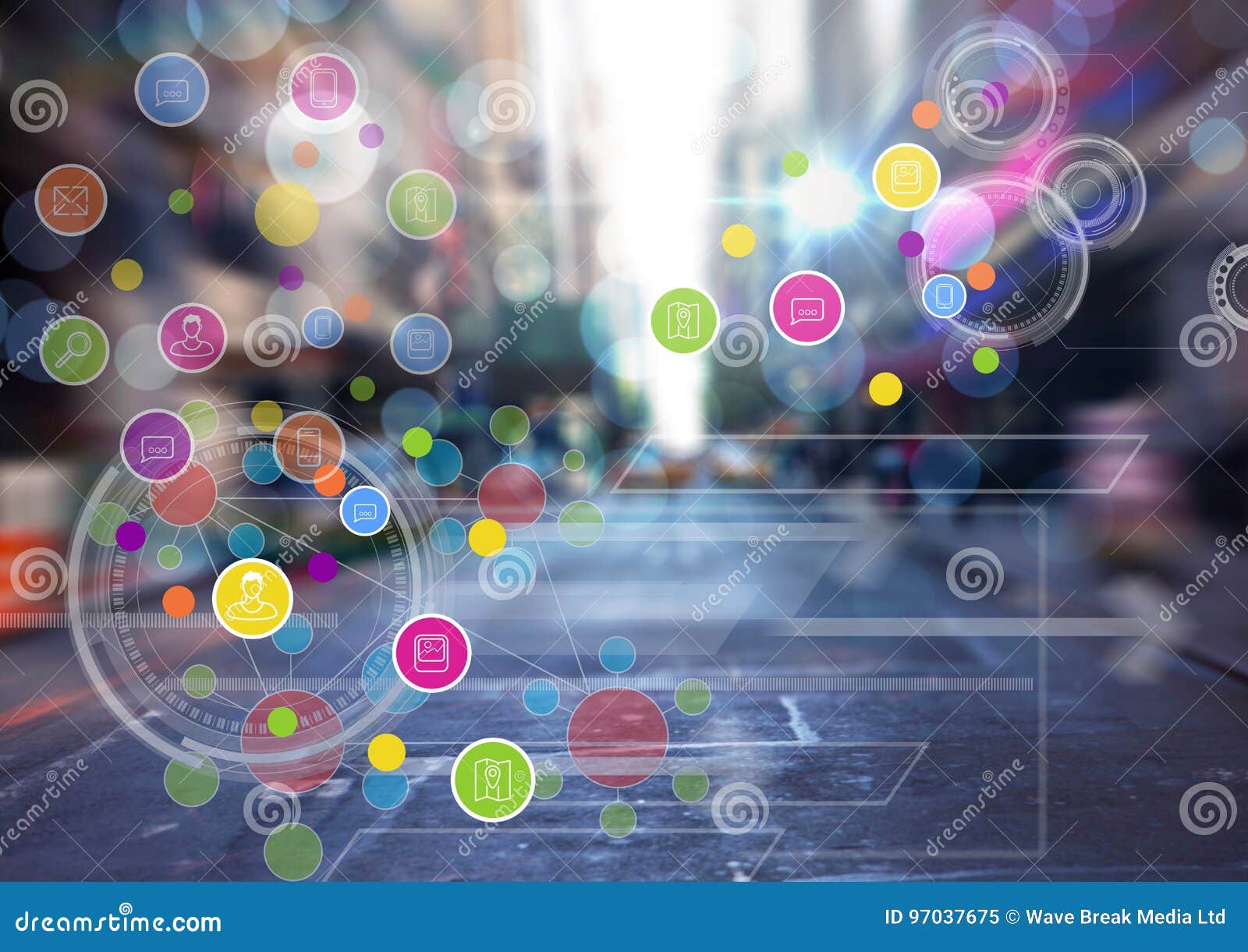 City with Colorful App Icons Transition Stock Image - Image of locate ...