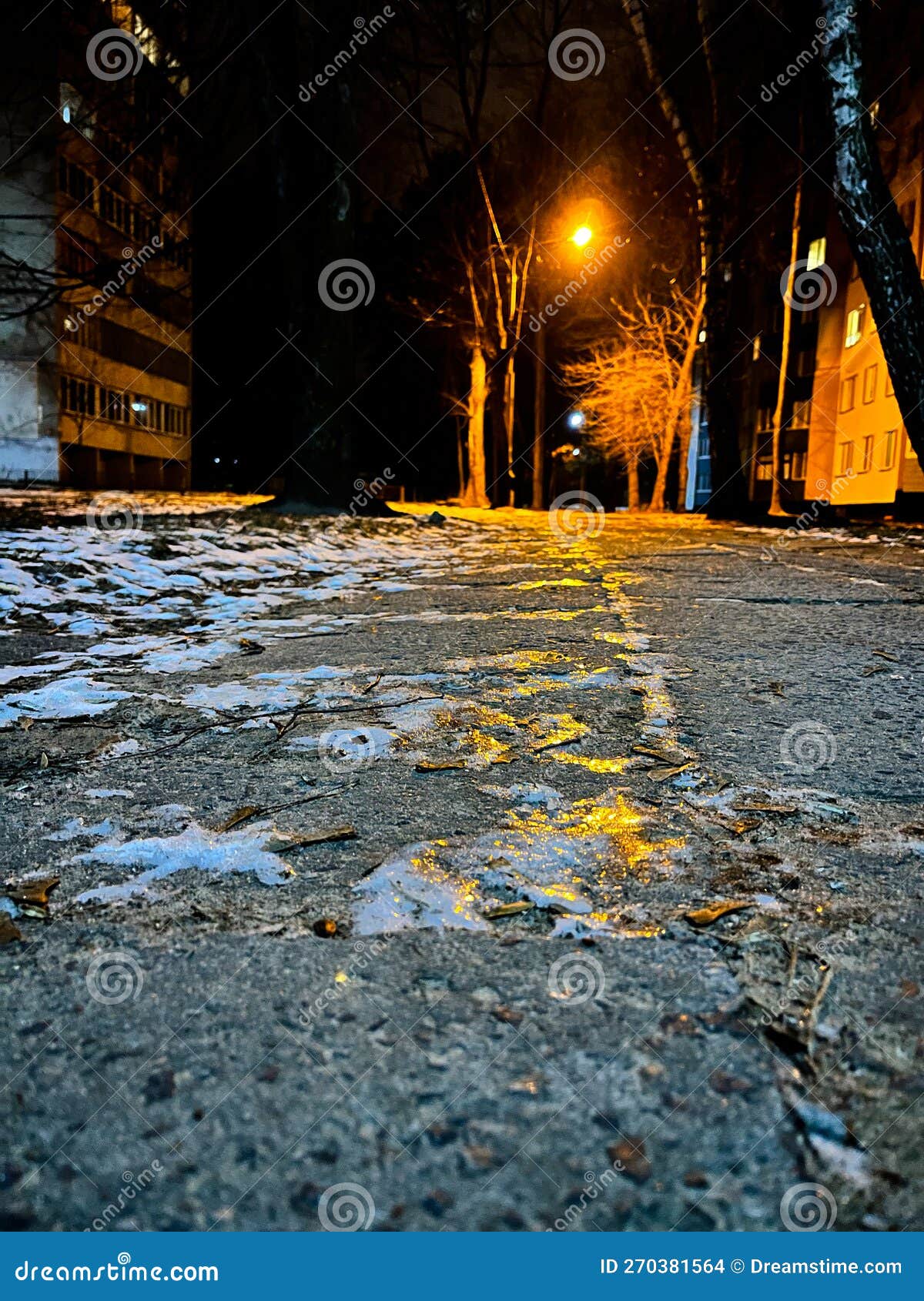 City Courtyard in Winter with Lighted Entrances Stock Photo - Image of ...