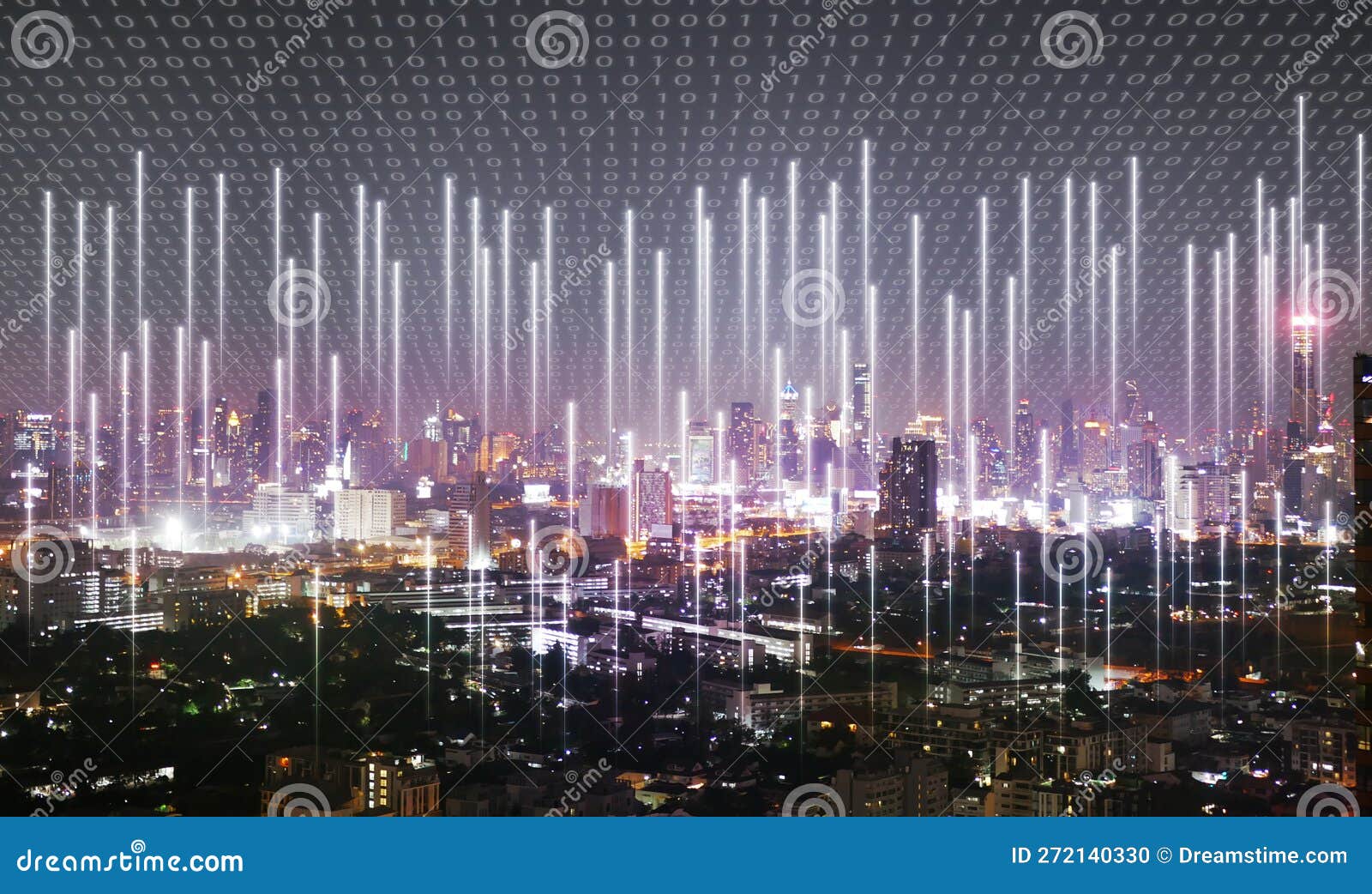A City Covered by Binary Code with Cellular Signal Everywhere Sending ...