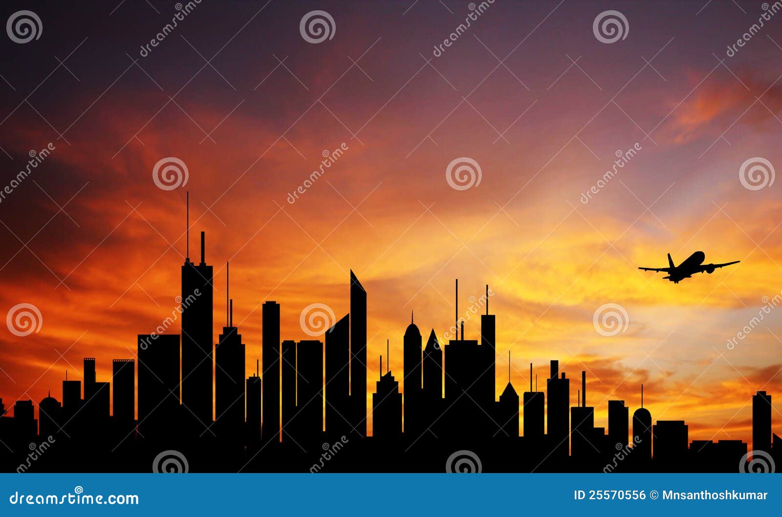 City Downtown at Dawn, Skyline Silhouette & Plane Stock Photo - Image ...