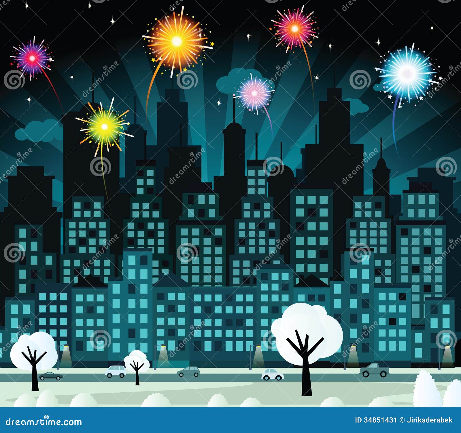 City and Fireworks (New Year Celebration) Stock Vector - Illustration ...