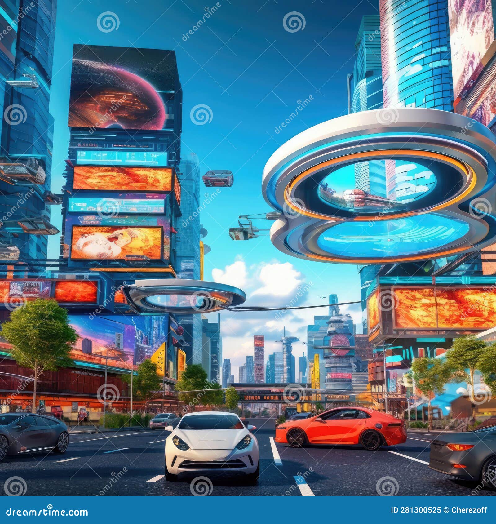 The City of the Future with Flying Cars Stock Illustration ...