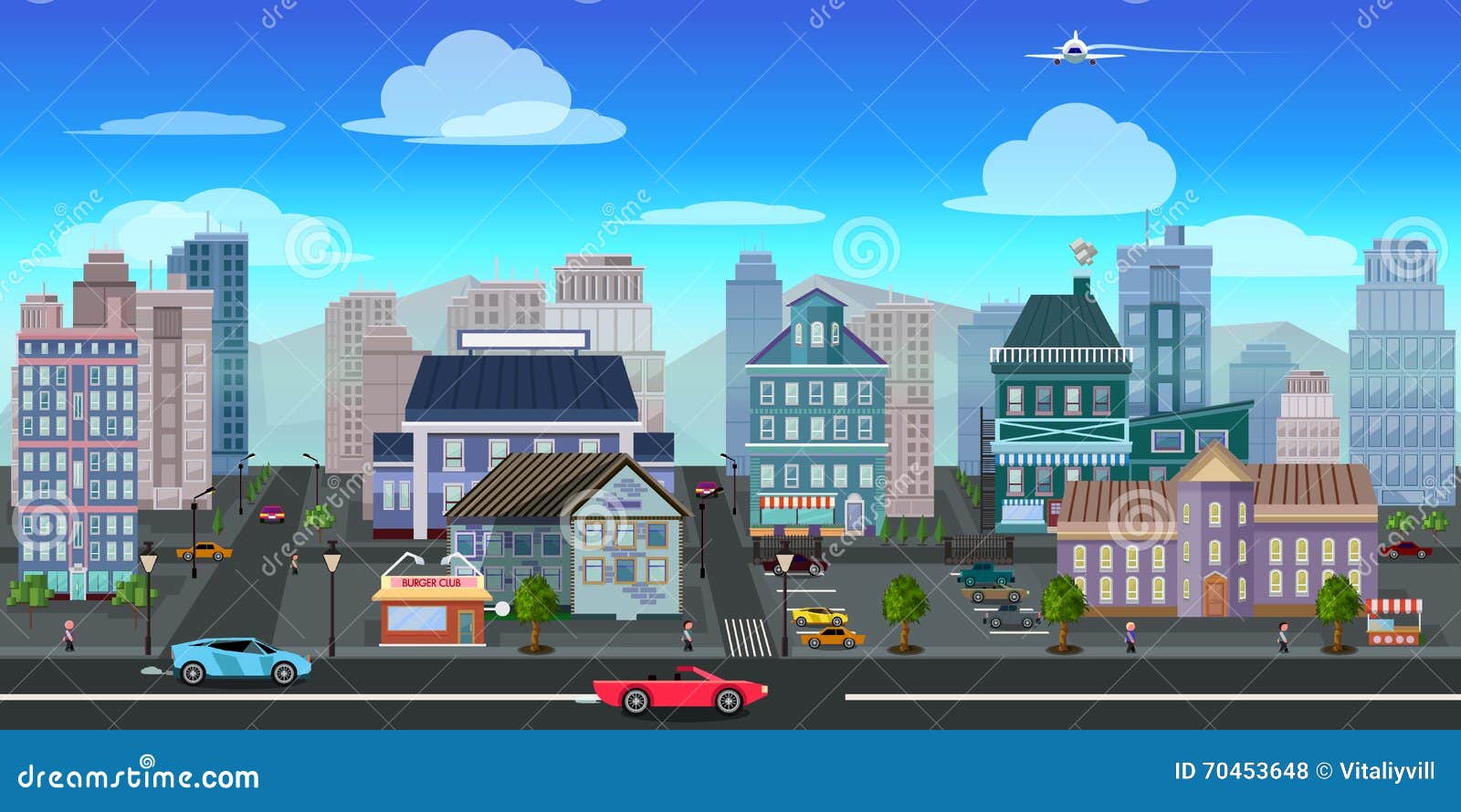 Big City Landscape With Cartoon Young Architects Holding Blueprint ...