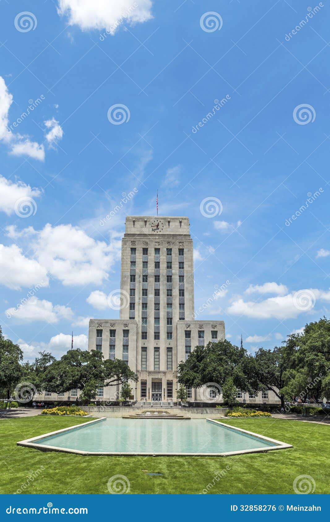 City Hall with Fountain and Flag Stock Photo - Image of landmark ...
