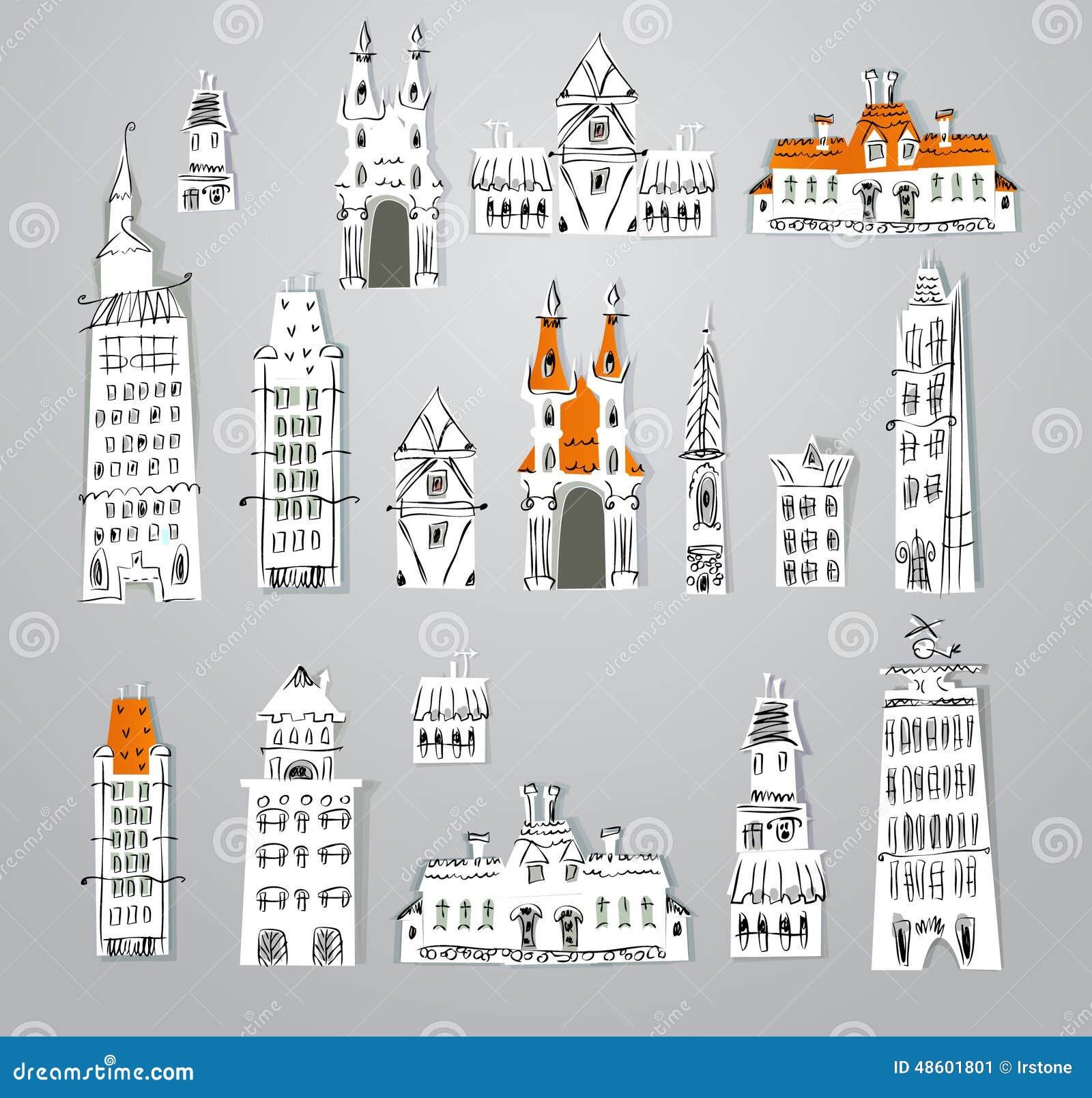 City Houses and Building Set Stock Illustration - Illustration of ...