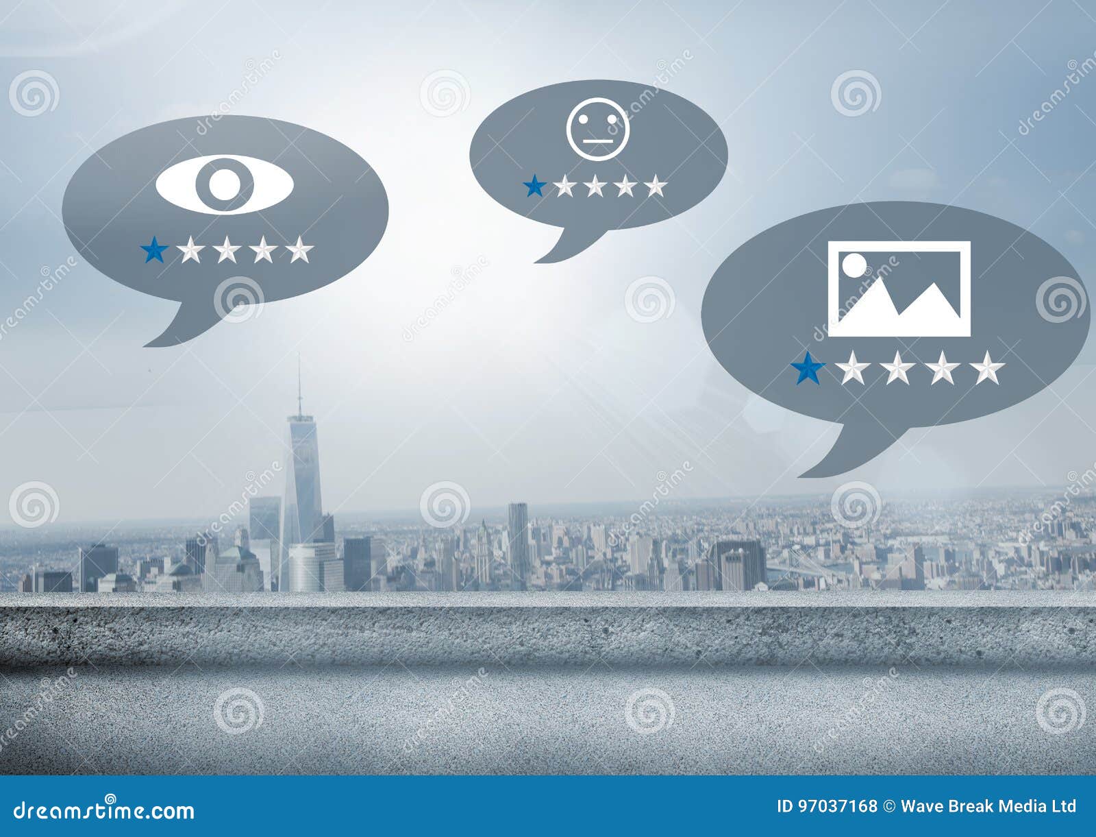 City with Icons Ratings in Chat Bubbles Stock Illustration ...