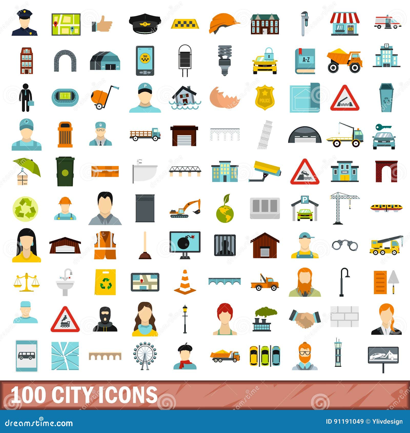 100 City Icons Set, Flat Style Stock Vector - Illustration of building ...