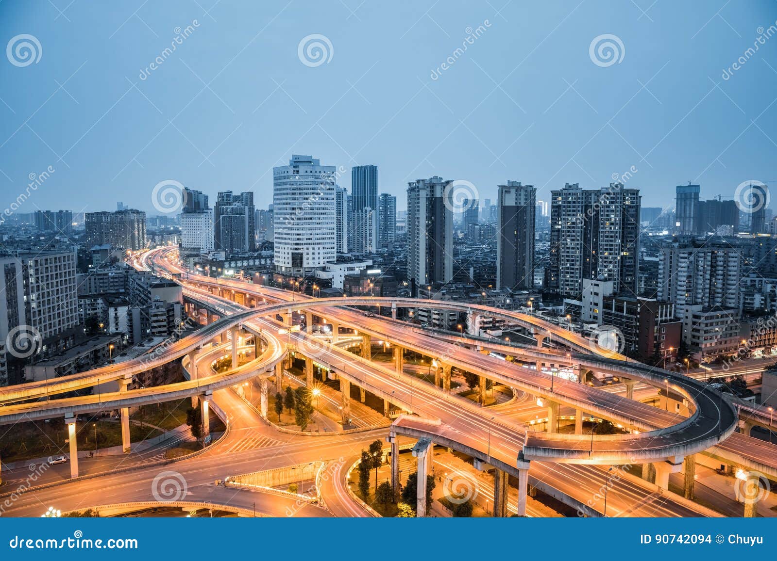 City Interchange Closeup in Nightfall Stock Photo - Image of overpass ...