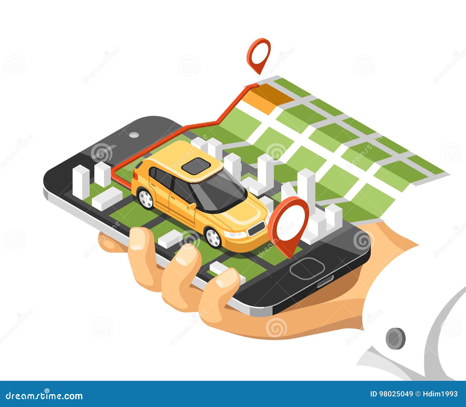 City Isometric Map with Car and Buildings on Smart Phone. Map on Mobile ...