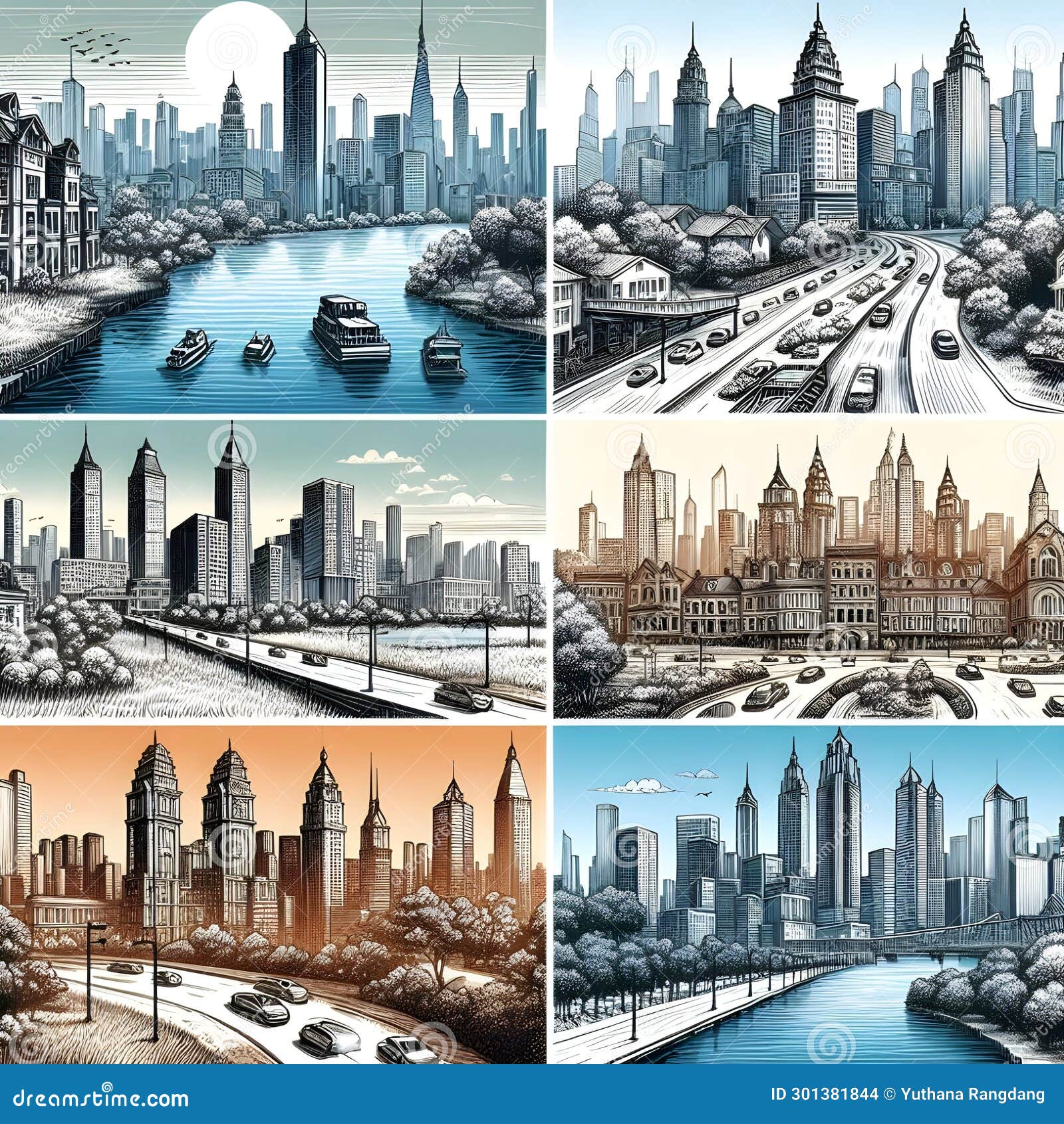 City Landscape in Different Styles. Stock Illustration - Illustration ...