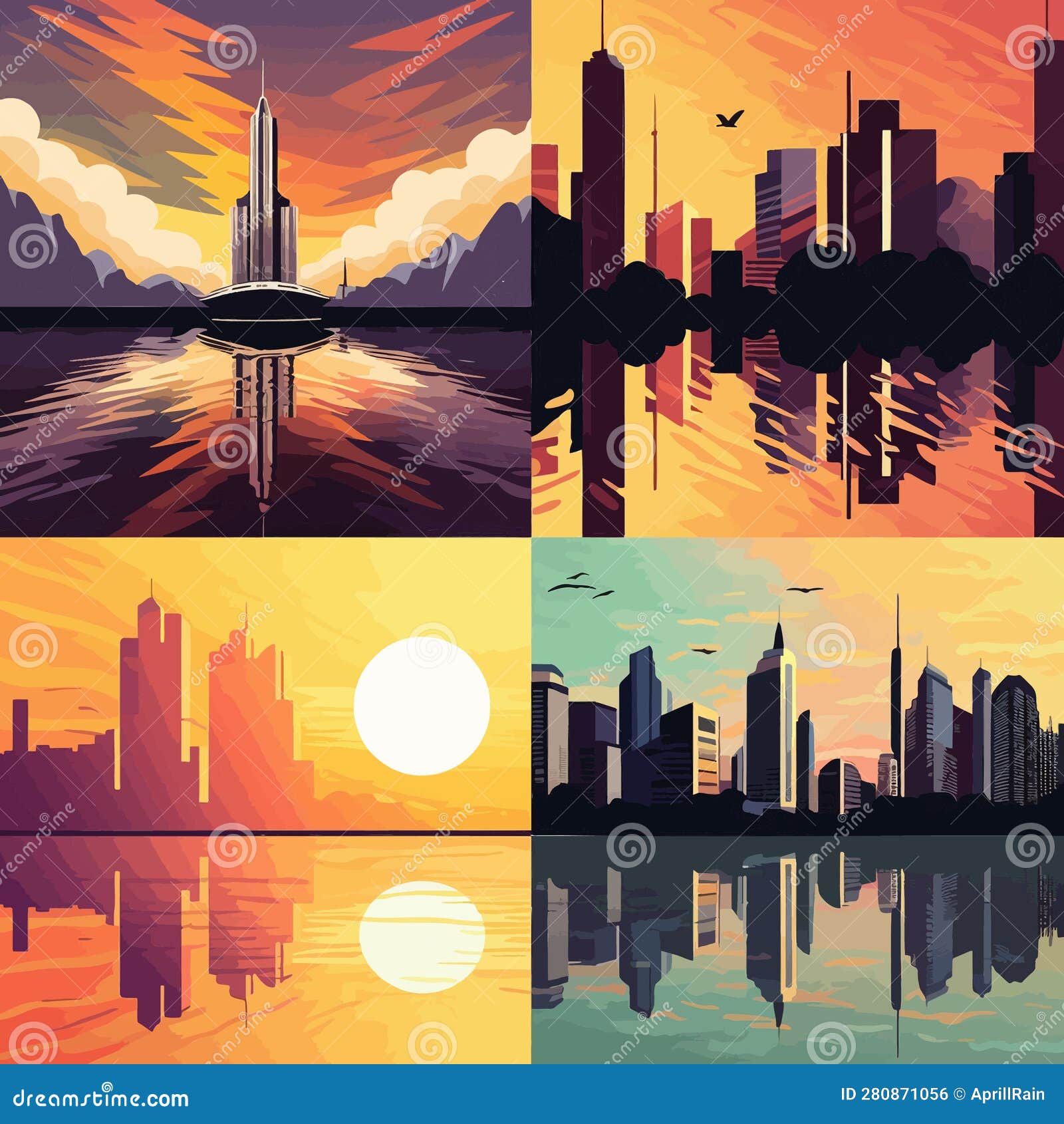 City Landscape with Modern Buildings at the Sunset Stock Vector ...