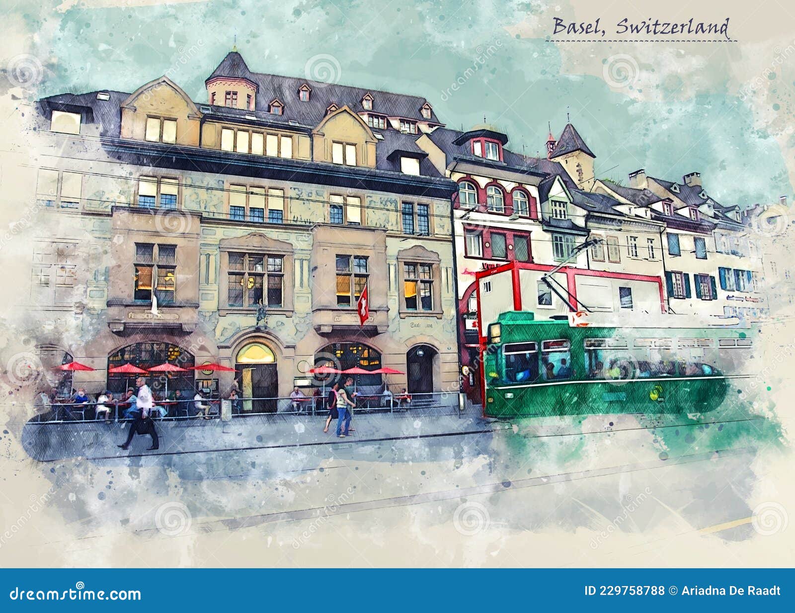 City Life of Basel in Sketch Style Stock Illustration - Illustration of ...
