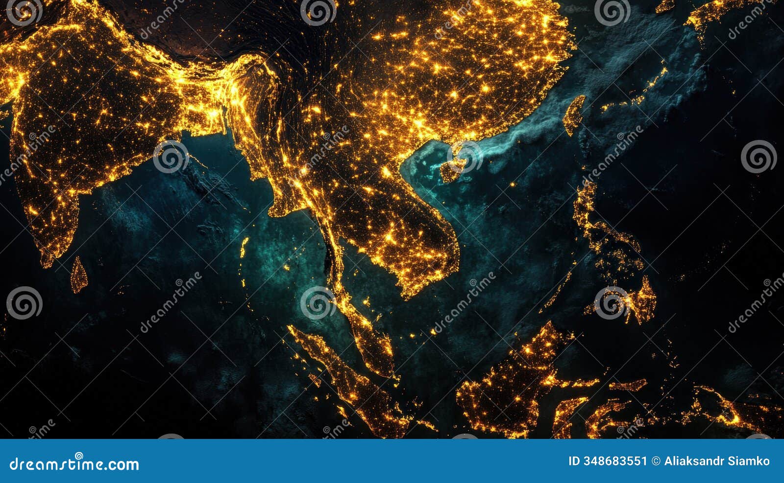 City Lights of Asia Visible from Space at Night Stock Illustration ...
